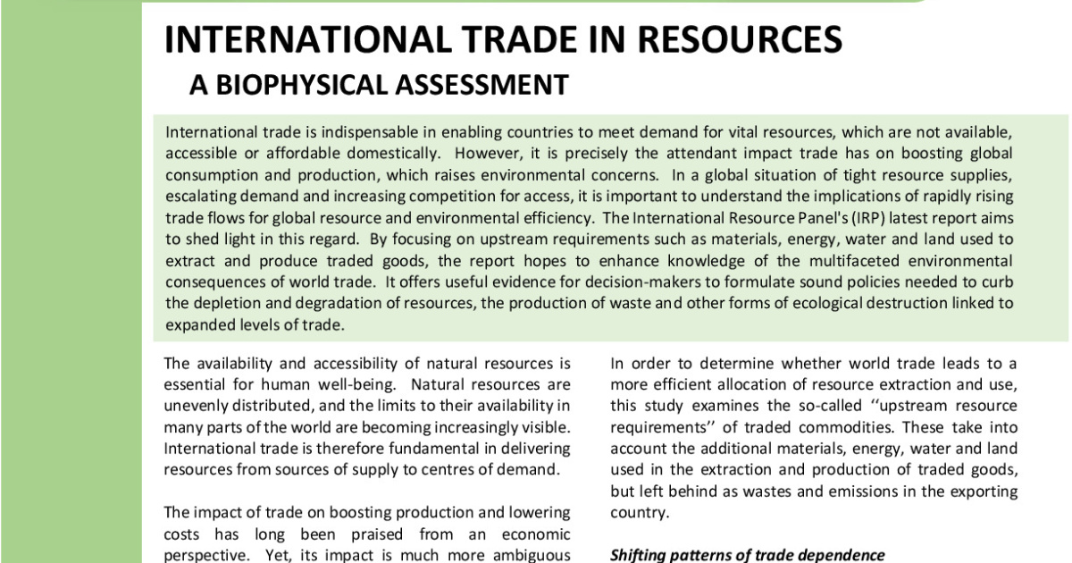 International Trade in Resources: A biophysical assessment (factsheet ...